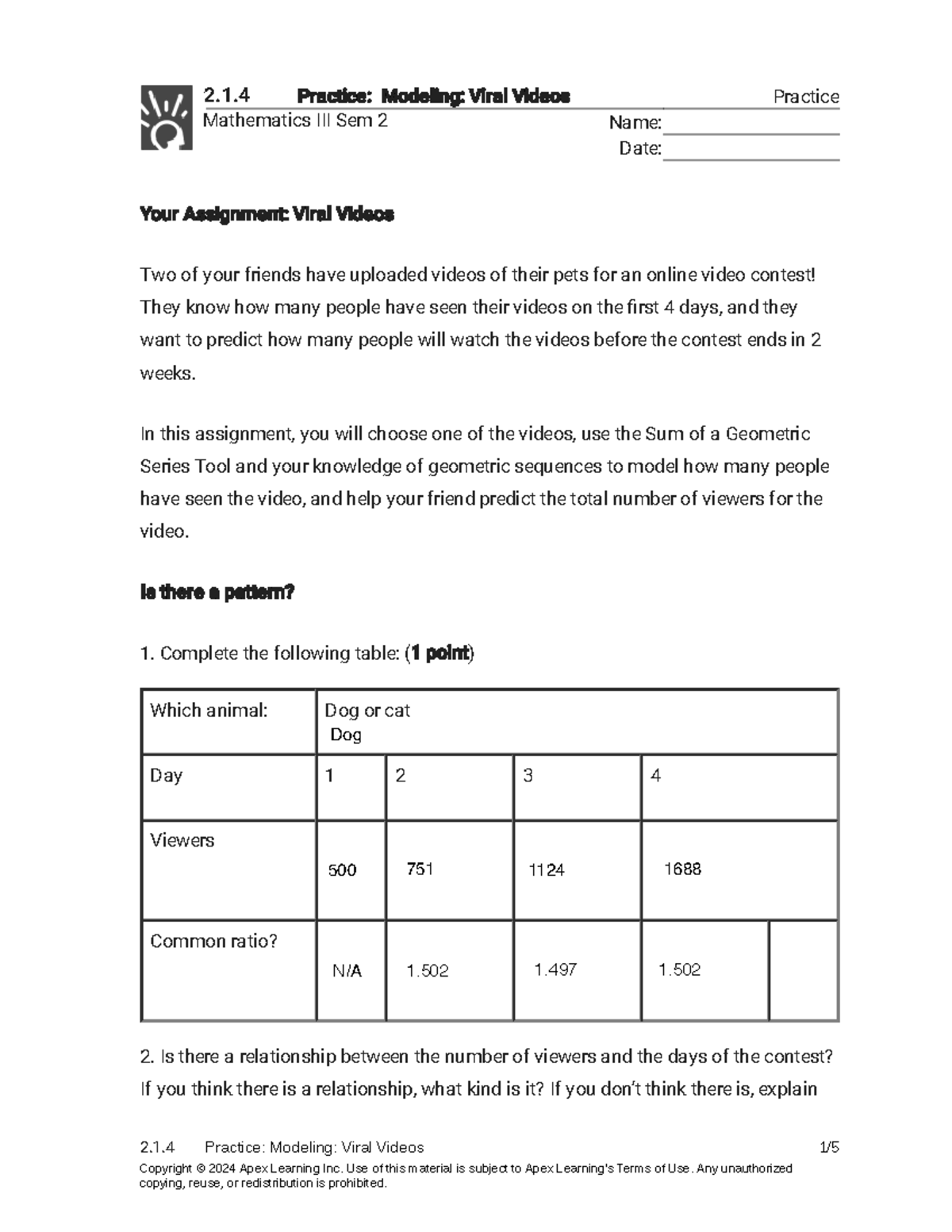 2.1.4 Practice: Modeling Viral Videos in Mathematics Sem 2 - Studocu