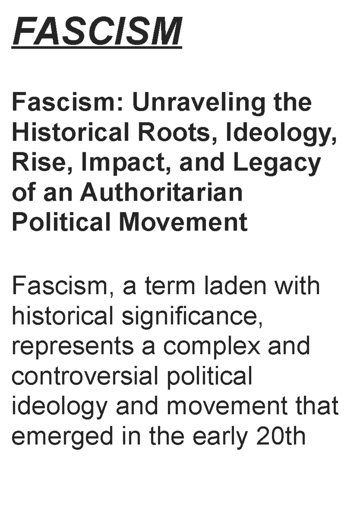 Fascism: Historical Roots, Ideology, and Impact - A Deep Dive - Studocu