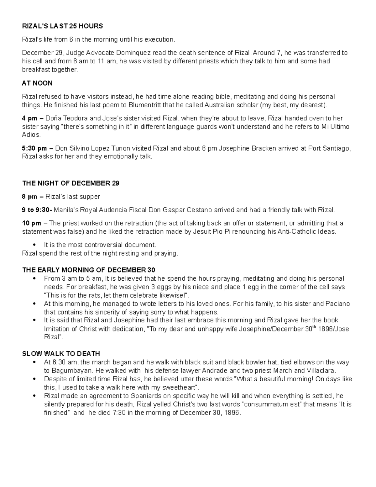 RIZAL'S LAST 25 HOURS BEFORE EXECUTION - JOSE RIZAL'S FINAL HOURS - Studocu