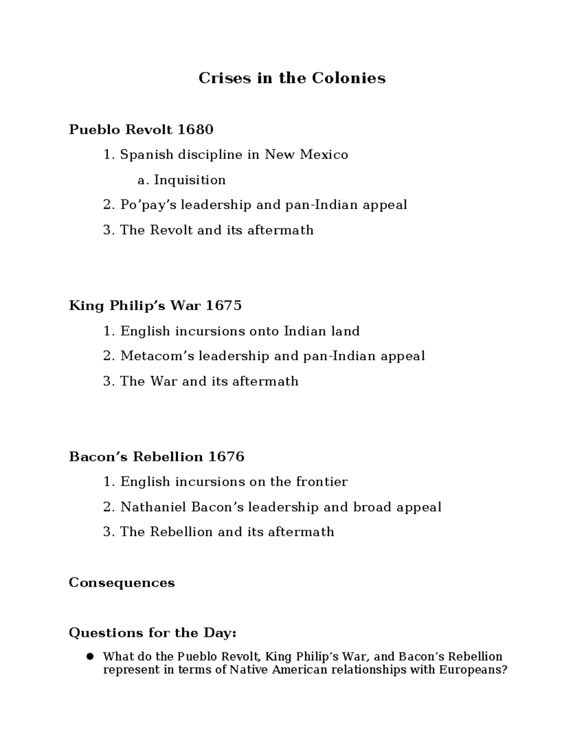 Colonial Crises: Pueblo Revolt, King Philip's War & Bacon's Rebellion ...