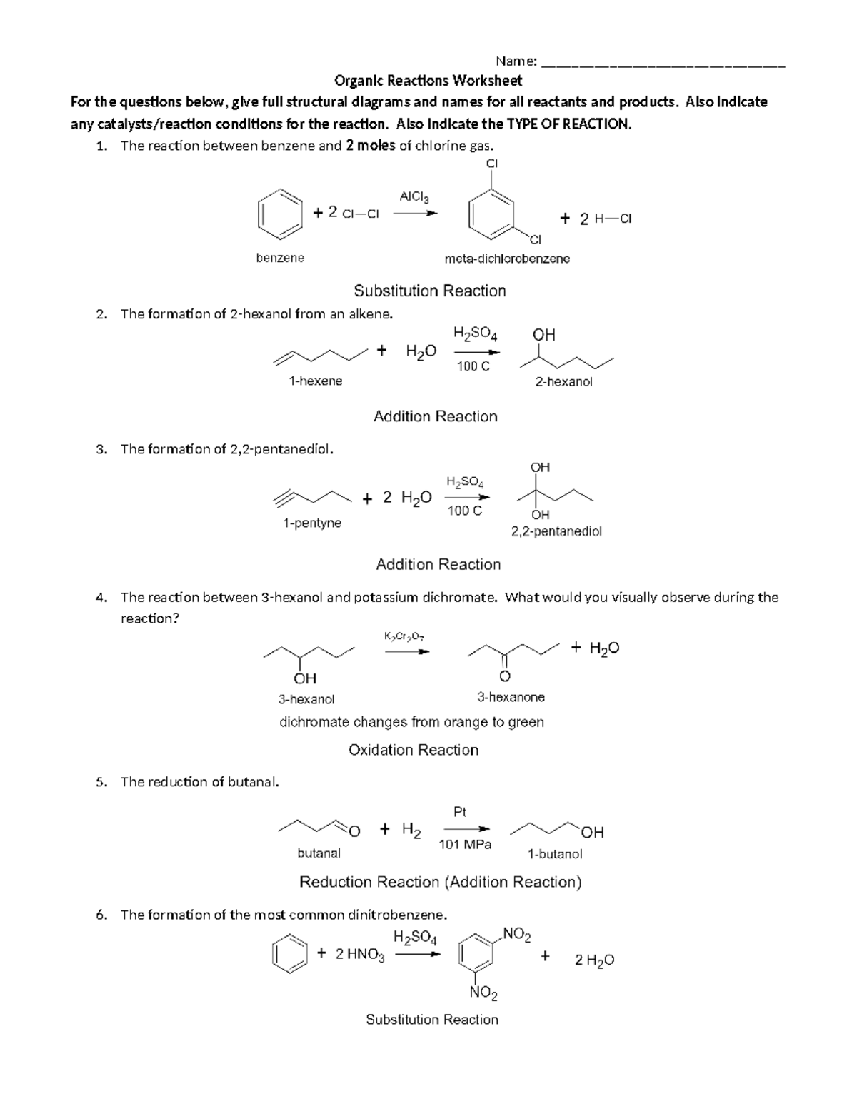 Organic Reactions Worksheet: Solutions and Structural Diagrams - Studocu