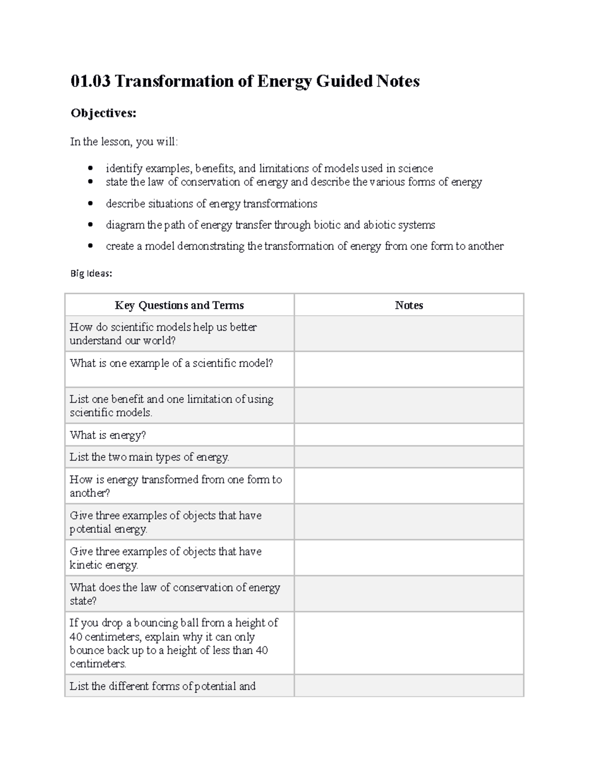 01.03 Guided Notes: Energy Transformation in Science - Studocu
