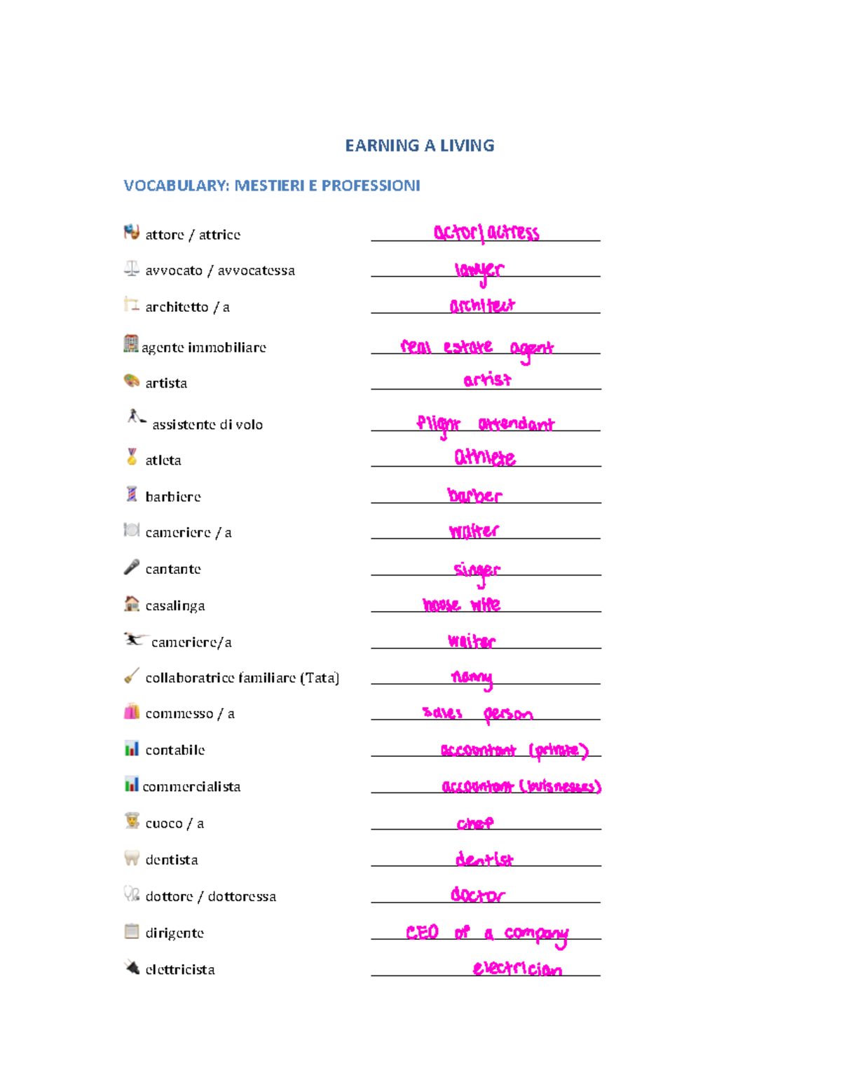 EARNING A LIVING VOCABULARY: MESTIERI E PROFESSIONI - ITALIAN 11 - Studocu