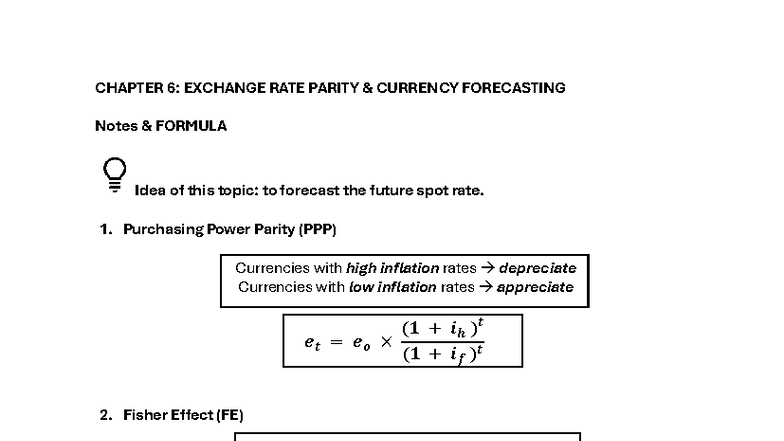 CHAPTER 6: EXCHANGE RATE PARITY & CURRENCY FORECASTING Notes - Studocu