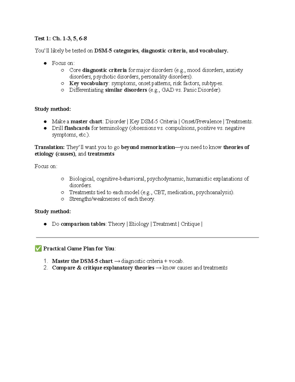 Psychopathology Test 1 Study Guide: DSM-5 Criteria & Key Theories - Studocu