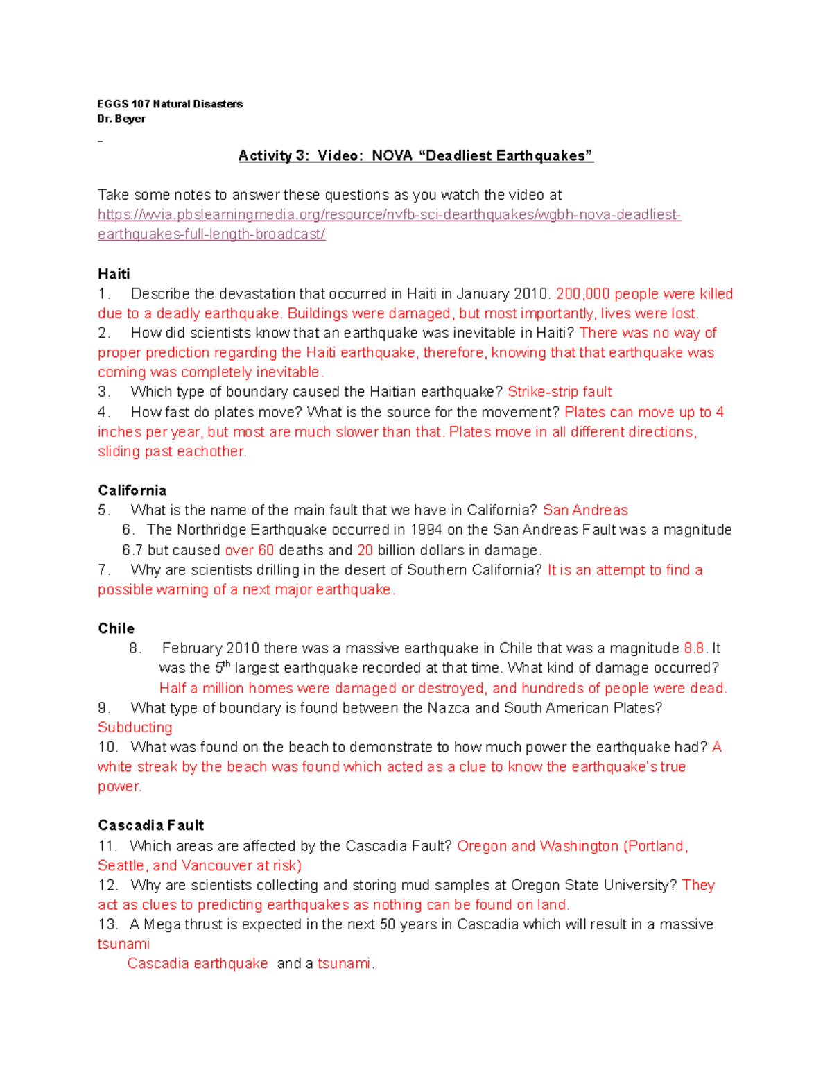 EGGS 107 Natural Disasters - Worksheet Notes on Earthquake Impacts ...