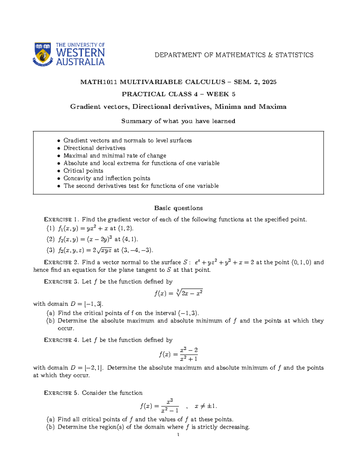 MATH1011 Sem 2, 2025 Practical Class 4 Week 5: Gradient & Extrema ...