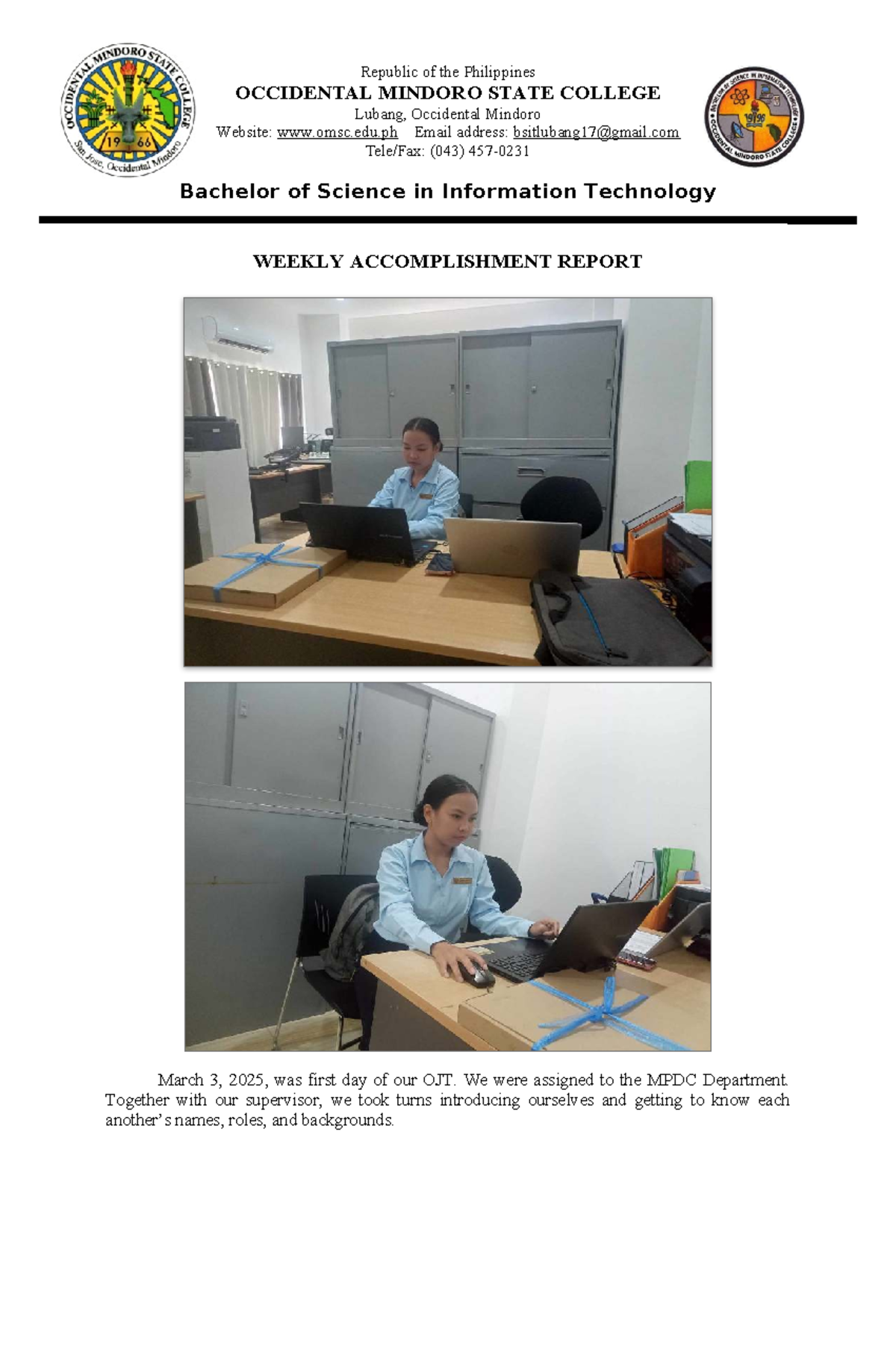 BSIT OJT Weekly Accomplishment Report: March 3-7, 2025 - Studocu