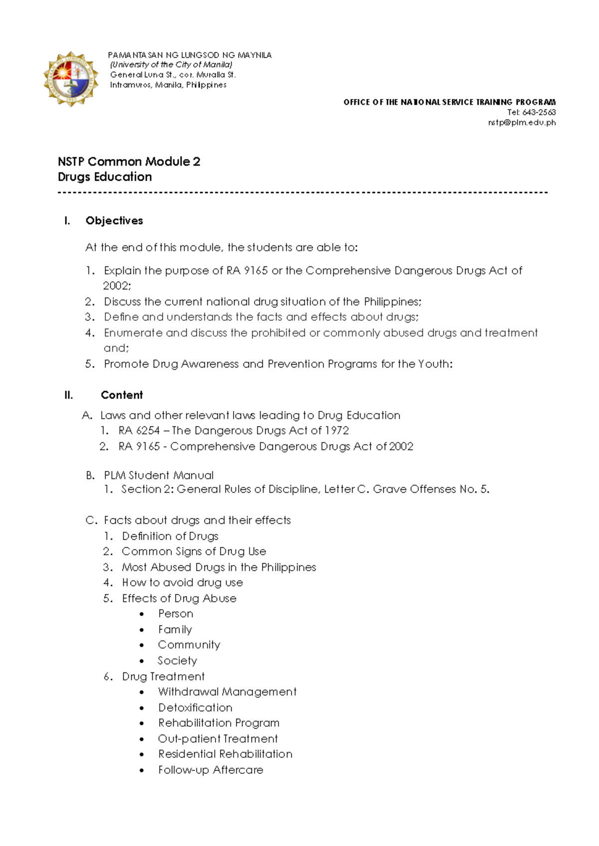 NSTP Module 2: Comprehensive Drug Education Overview - Studocu