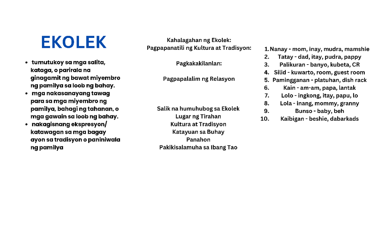 EKOLEK Lecture Notes: Kahalagahan ng Ekolek at Kultura - Studocu