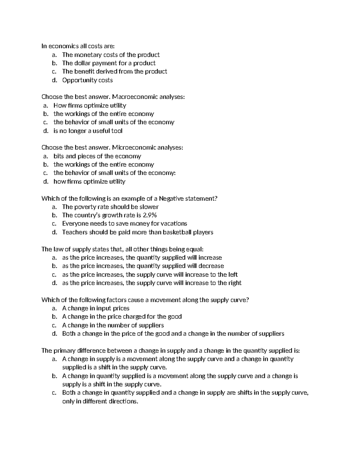 Economics Quiz Notes (ECO 101): Supply and Demand Concepts - Studocu