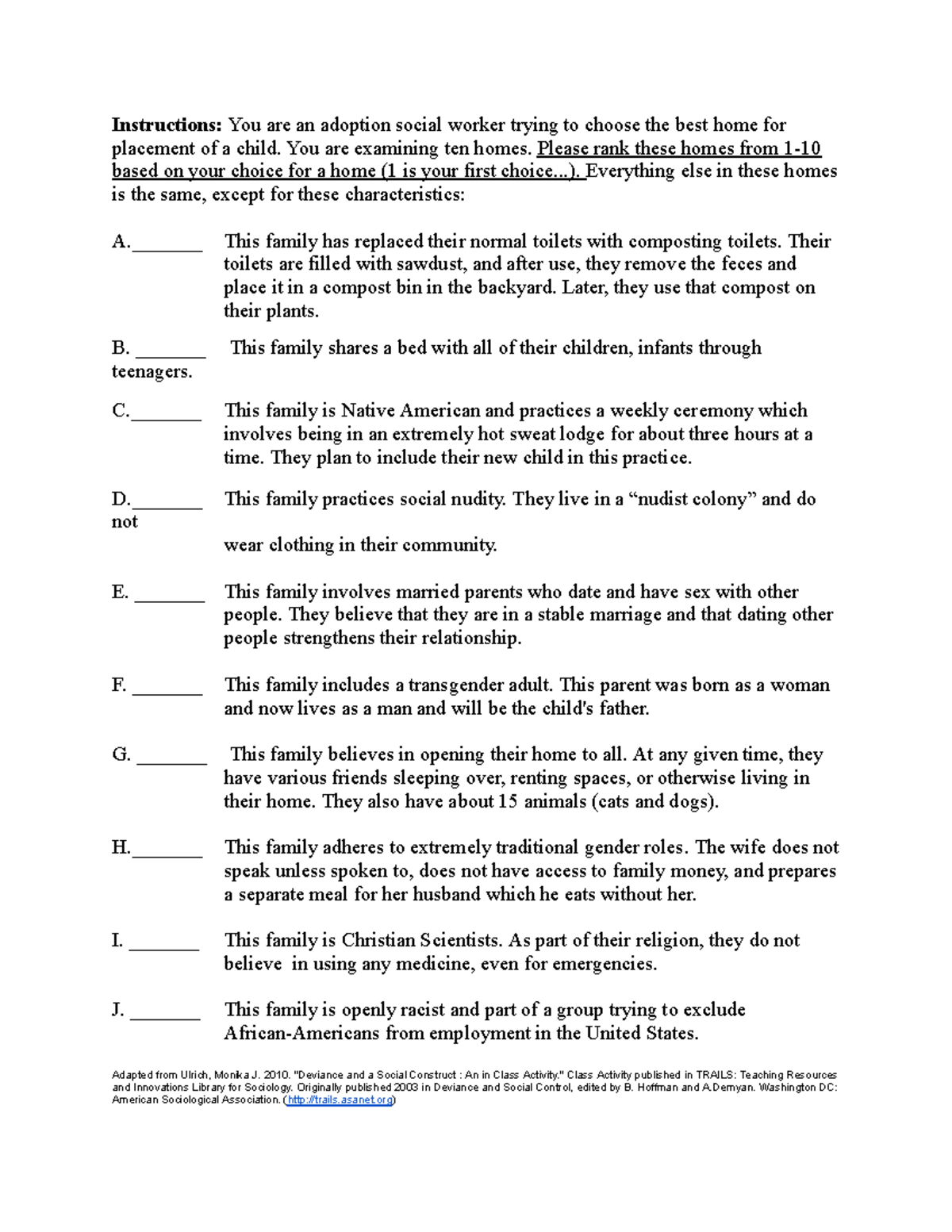 Week 9 Deviance Worksheet-2 - Instructions: You are an adoption social ...