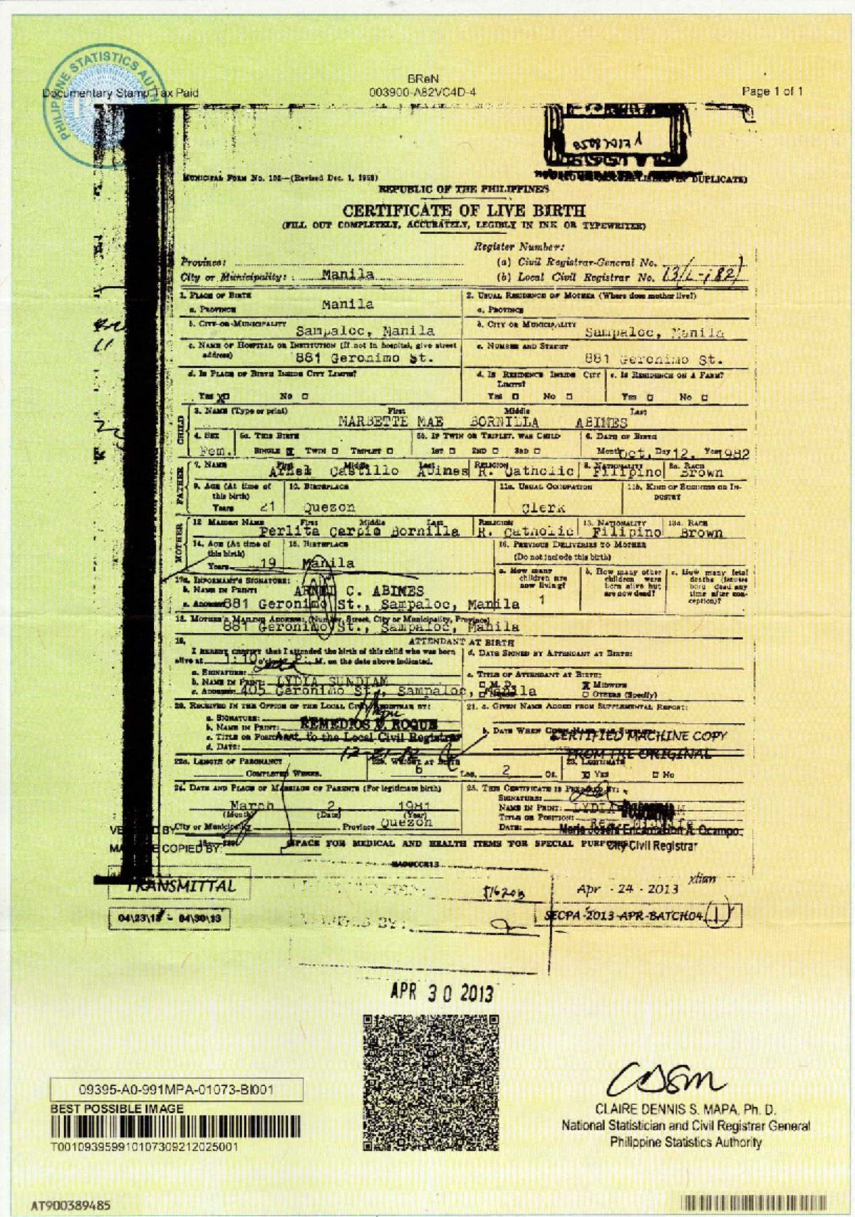 STATISTICS Birth Certificate Sample - PSA Form No. 1 - Studocu