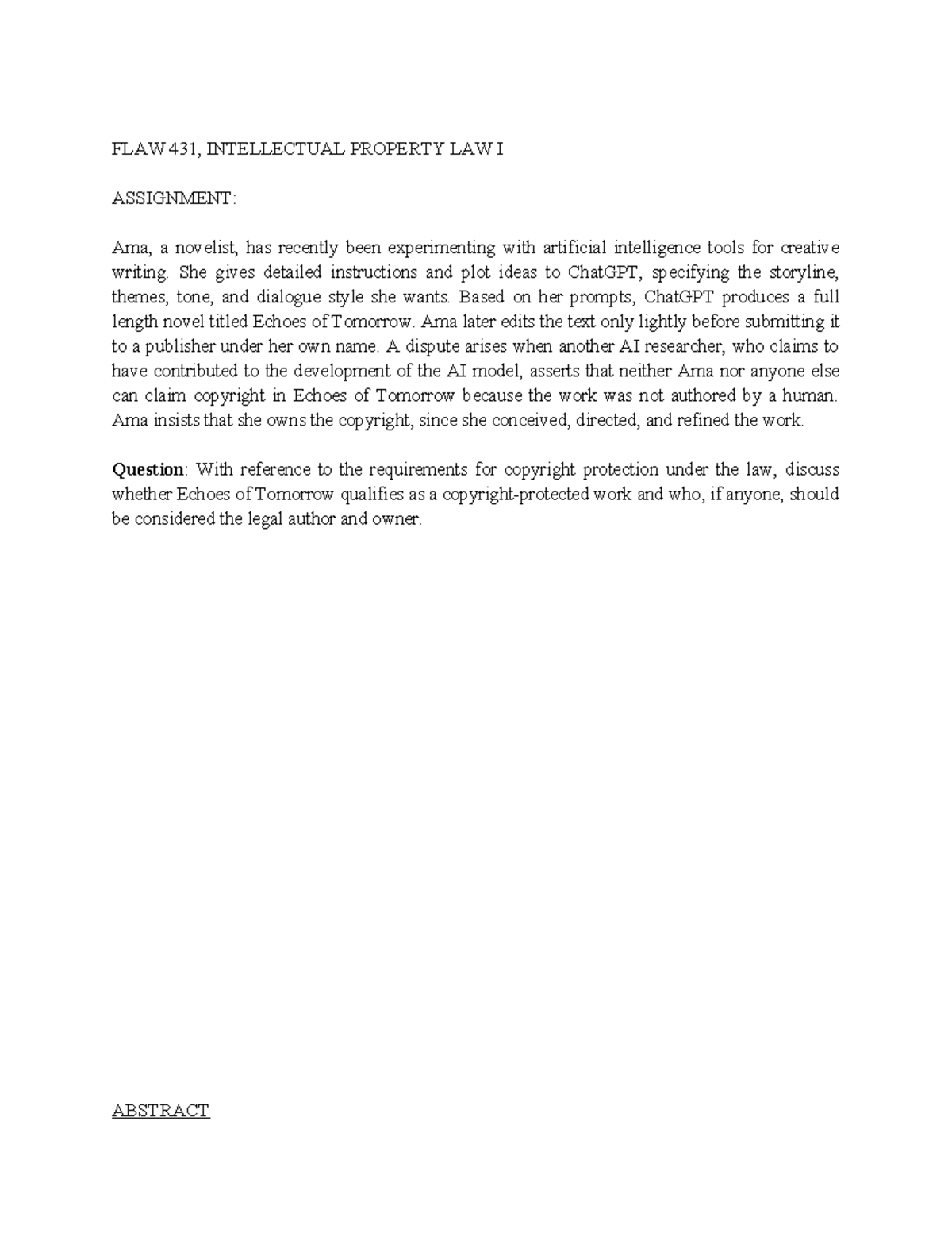 FLAW 431, INTELLECTUAL PROPERTY LAW I ASSIGNMENT: Copyright Issues in ...