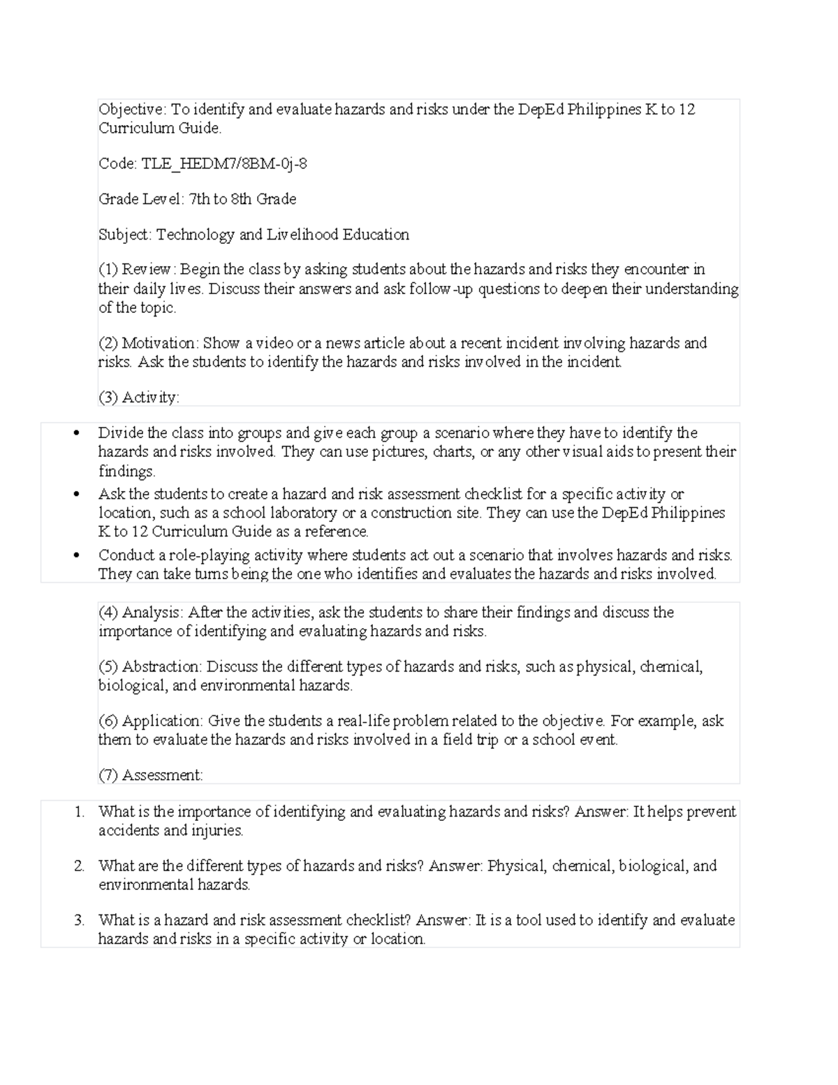 TLE_HEDM7/8BM-0j- Lesson Plan: Evaluating Hazards and Risks in TLE ...