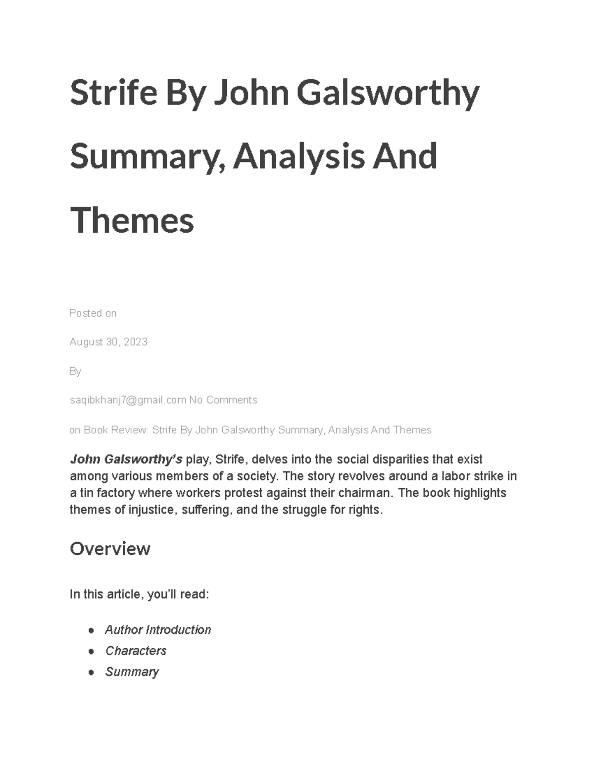 Strife by John Galsworthy: Summary, Analysis, and Themes Overview - Studocu