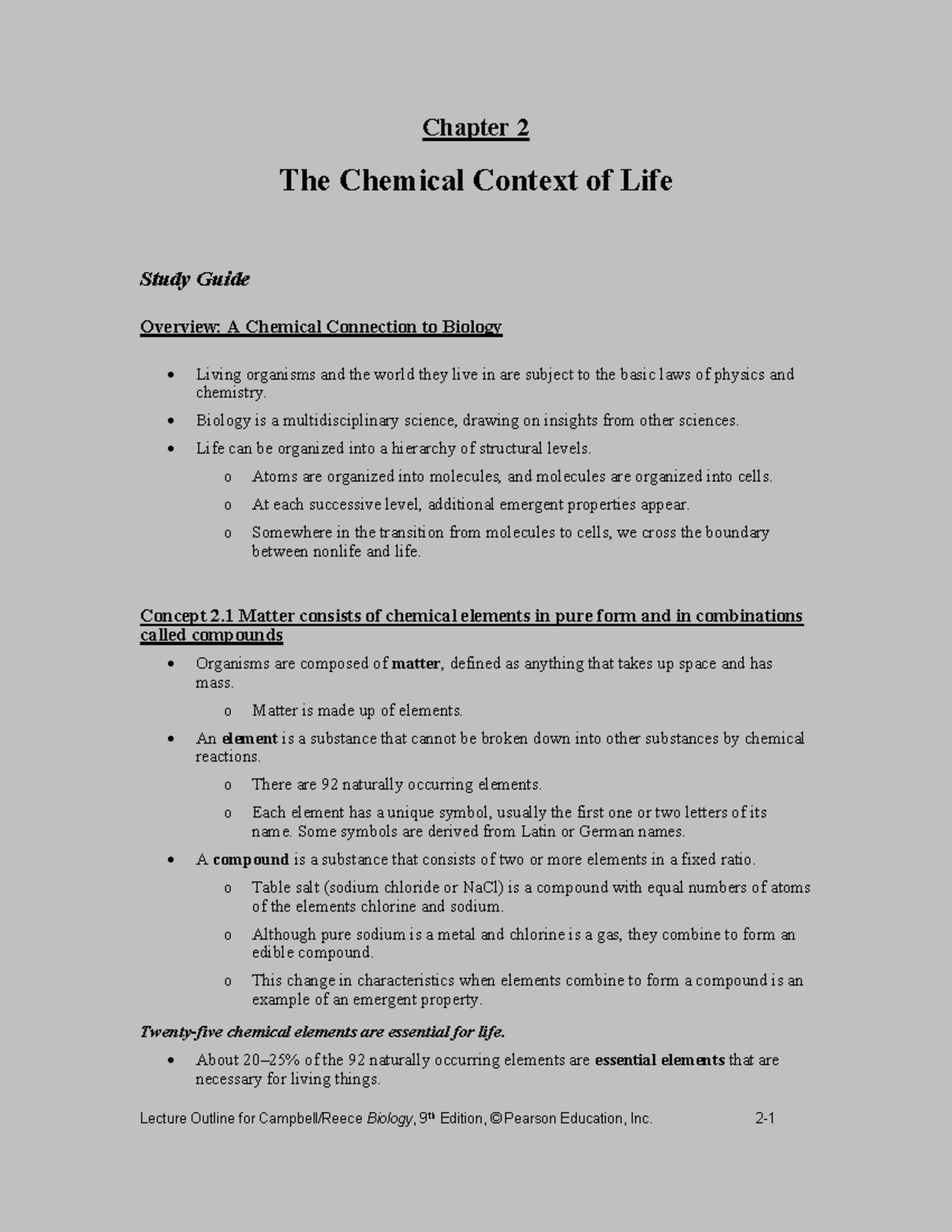 Lecture Outline: Chapter 2 - The Chemical Context of Life (Biology 9th ...