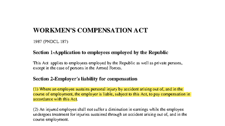 Workmen's Compensation Act 1987 (PNDCL 187) Overview and Provisions ...