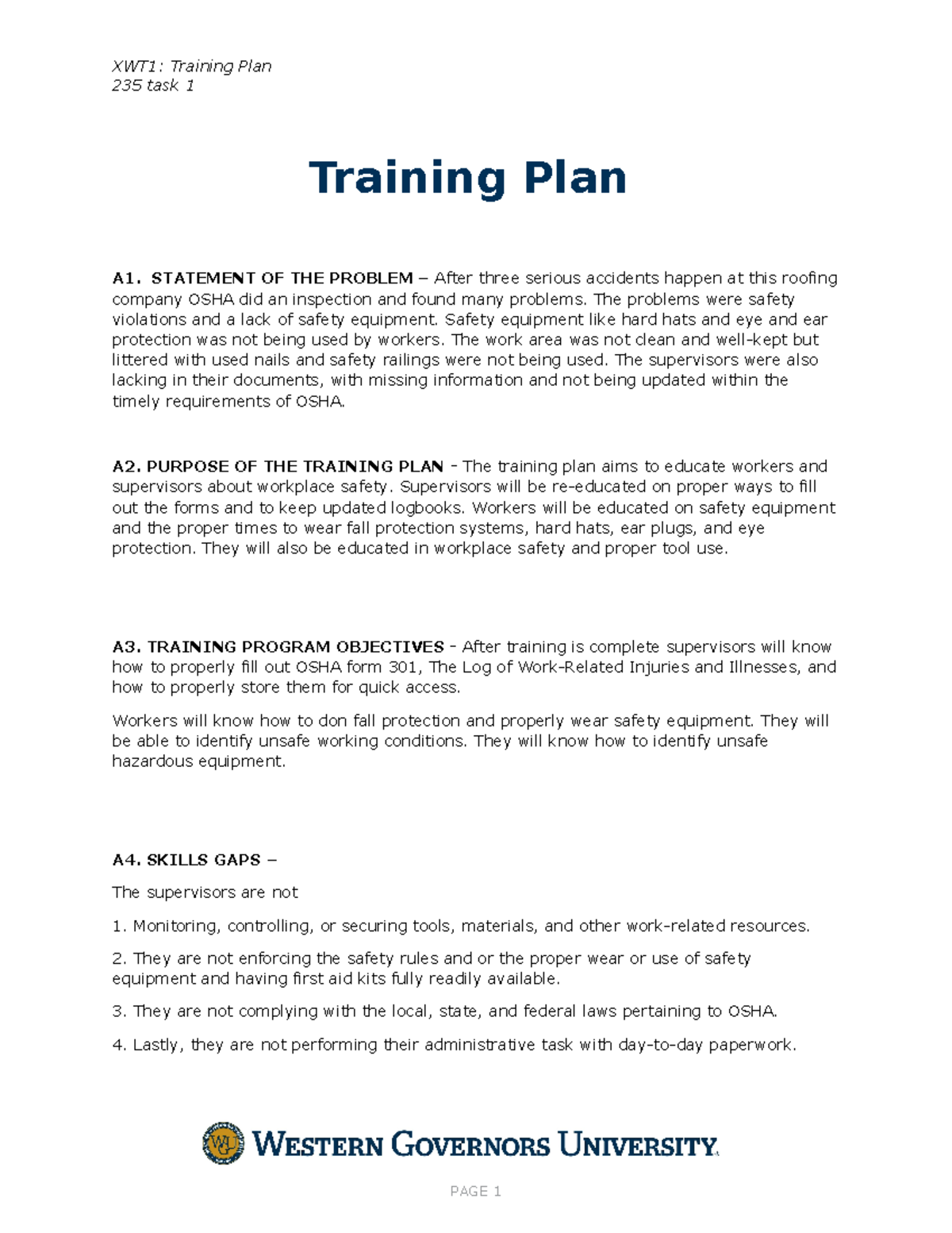 C235 Task 1 - task 1 - 235 task 1 Training Plan A1. STATEMENT OF THE ...