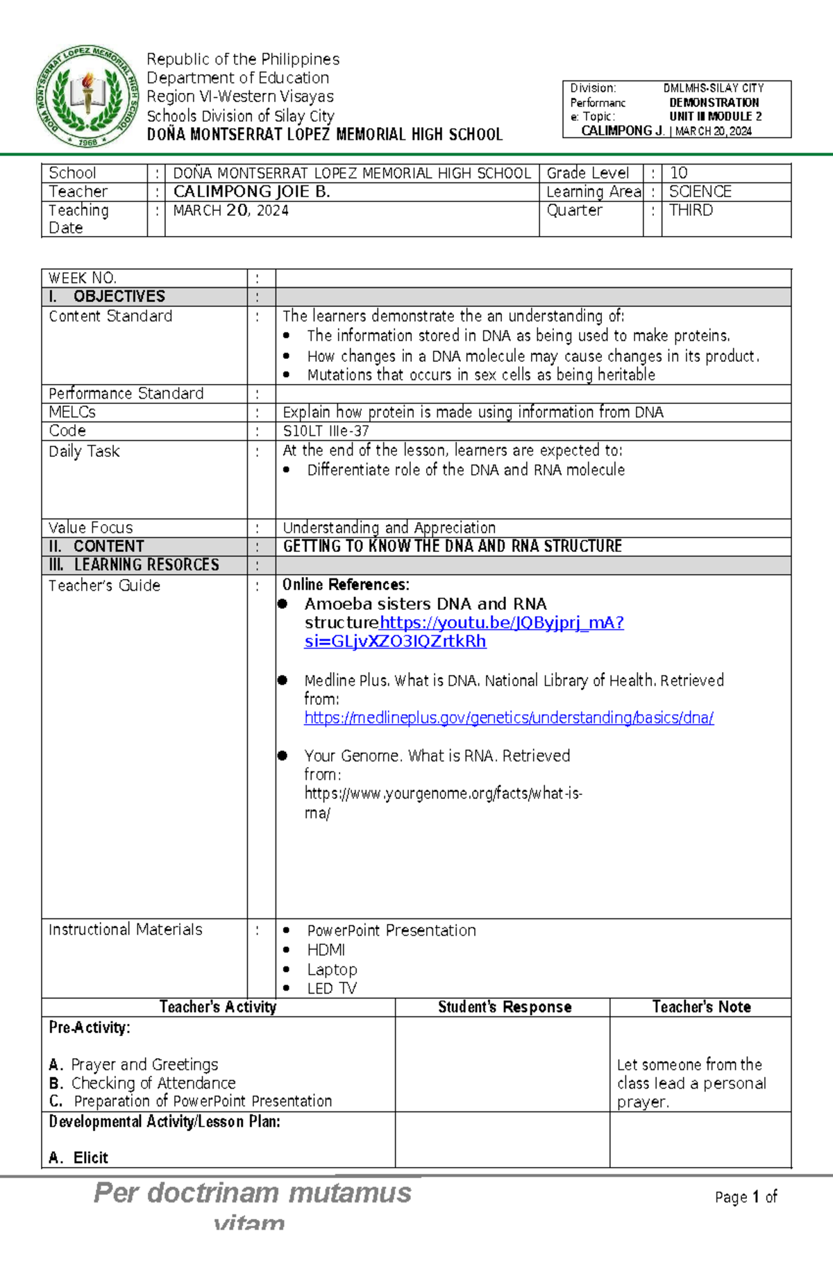 DNA (LP) - Comprehensive Lesson Plan on DNA and RNA Structure - Studocu