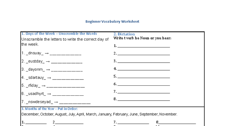 Beginner Vocabulary Worksheet 1: Days & Months Activities - Studocu