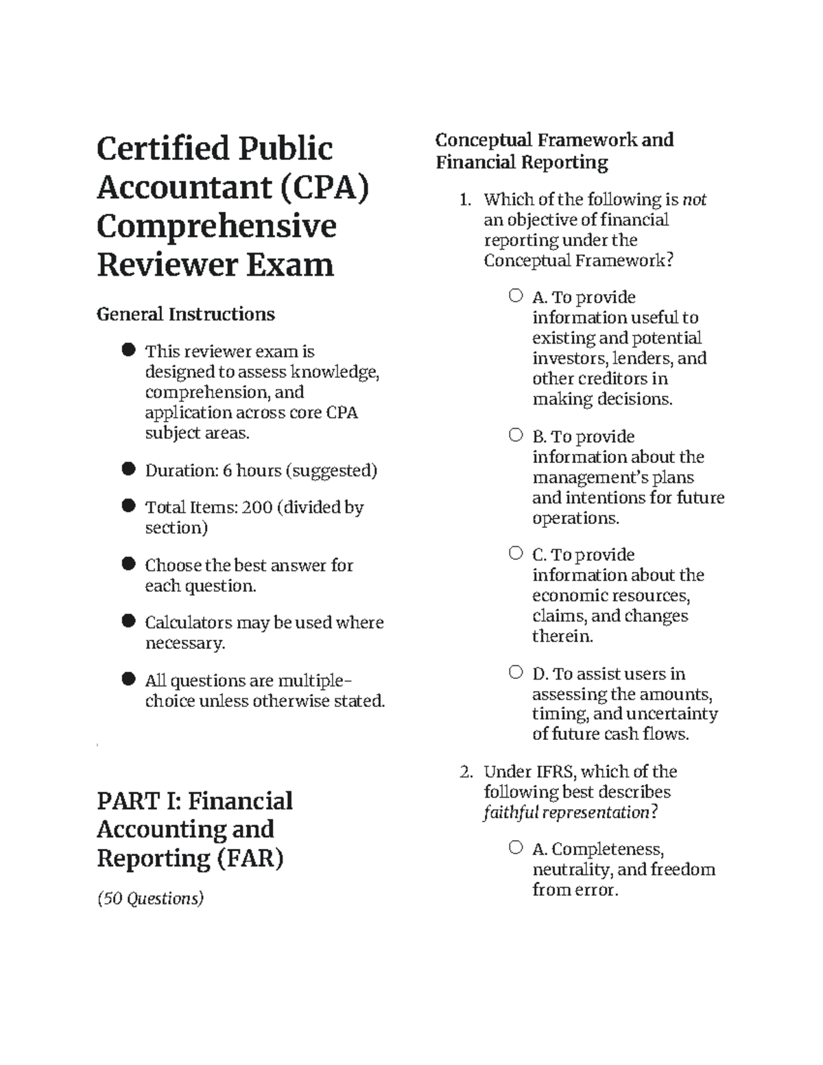 CPA Comprehensive Reviewer Exam Instructions and Sample Questions - Studocu