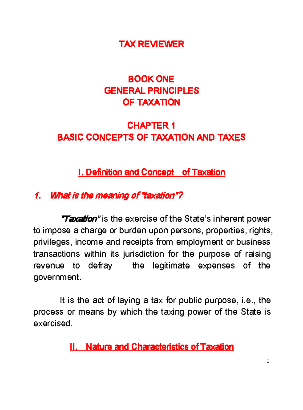 TAX 494929739: Reviewer on General Principles of Taxation - Chapter 1 Basics - Studocu