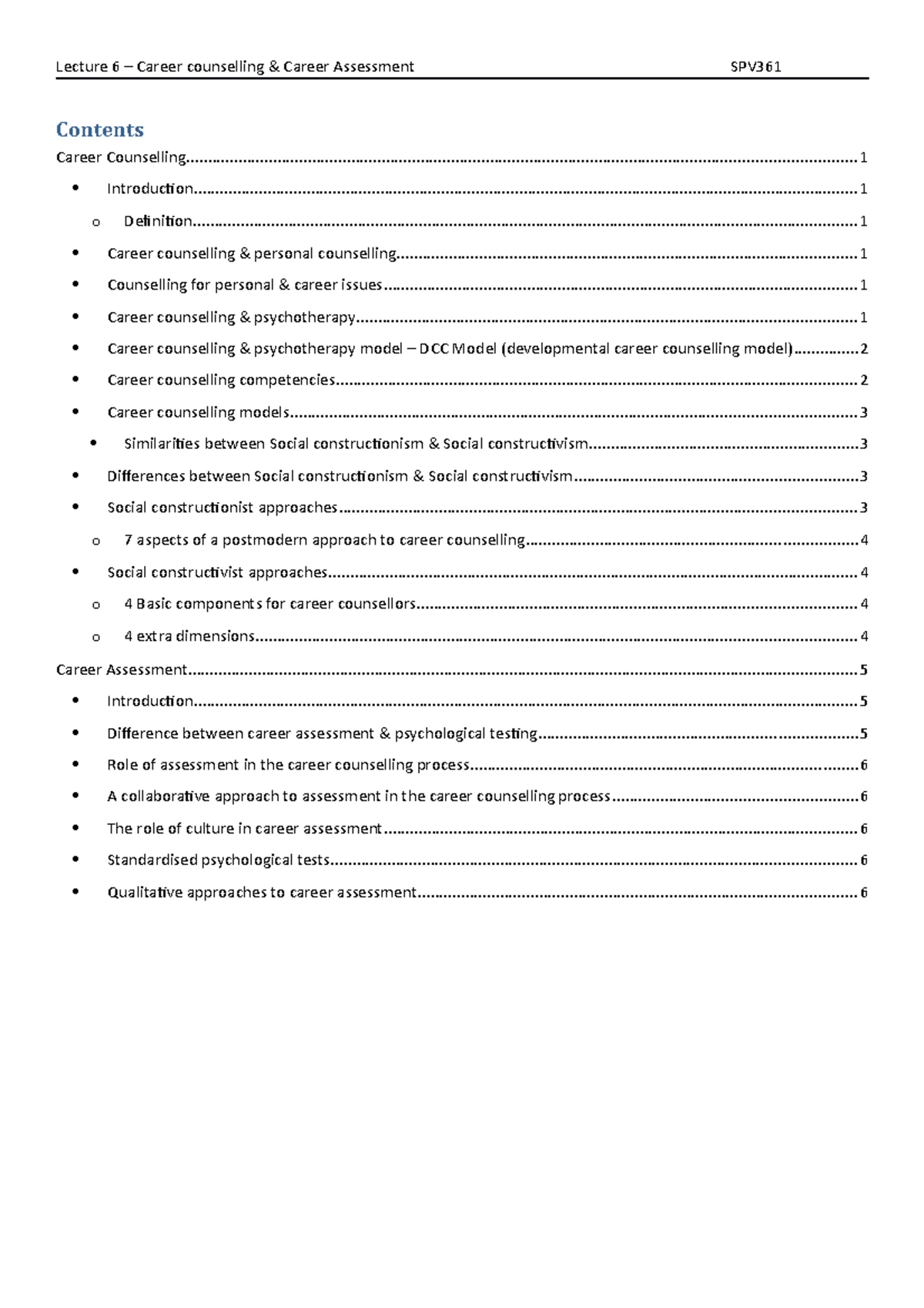 Lecture 6: Career Counselling & Assessment - Key Concepts & Case Studies - Studocu