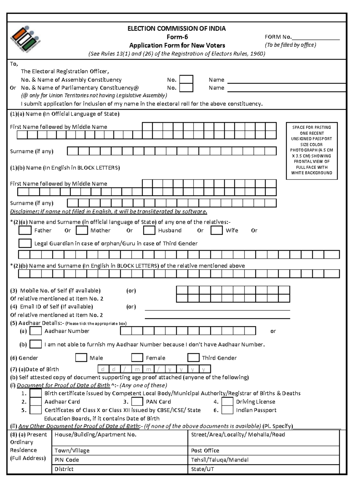 ELECTION COMMISSION OF INDIA Form 6 for New Voter Registration - Studocu