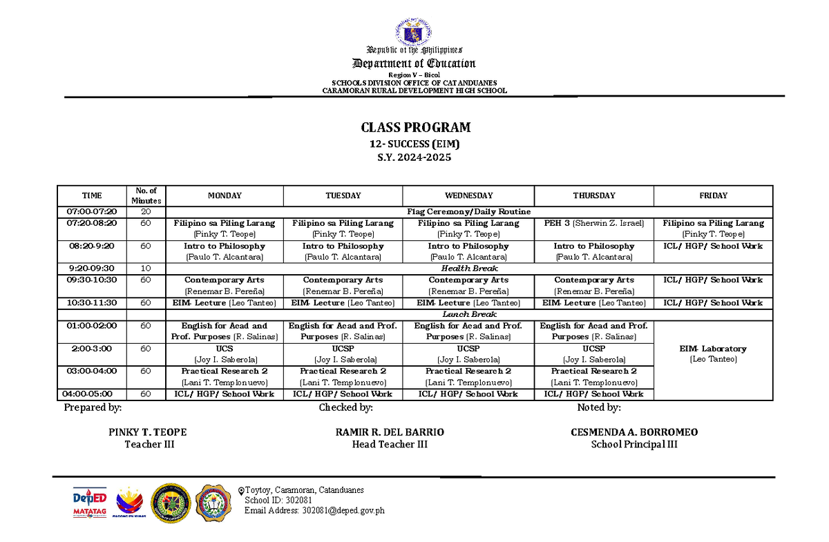 Class Program for 12-SUCCESS (EIM) - SY 2024 at Caramoran RHS - Studocu