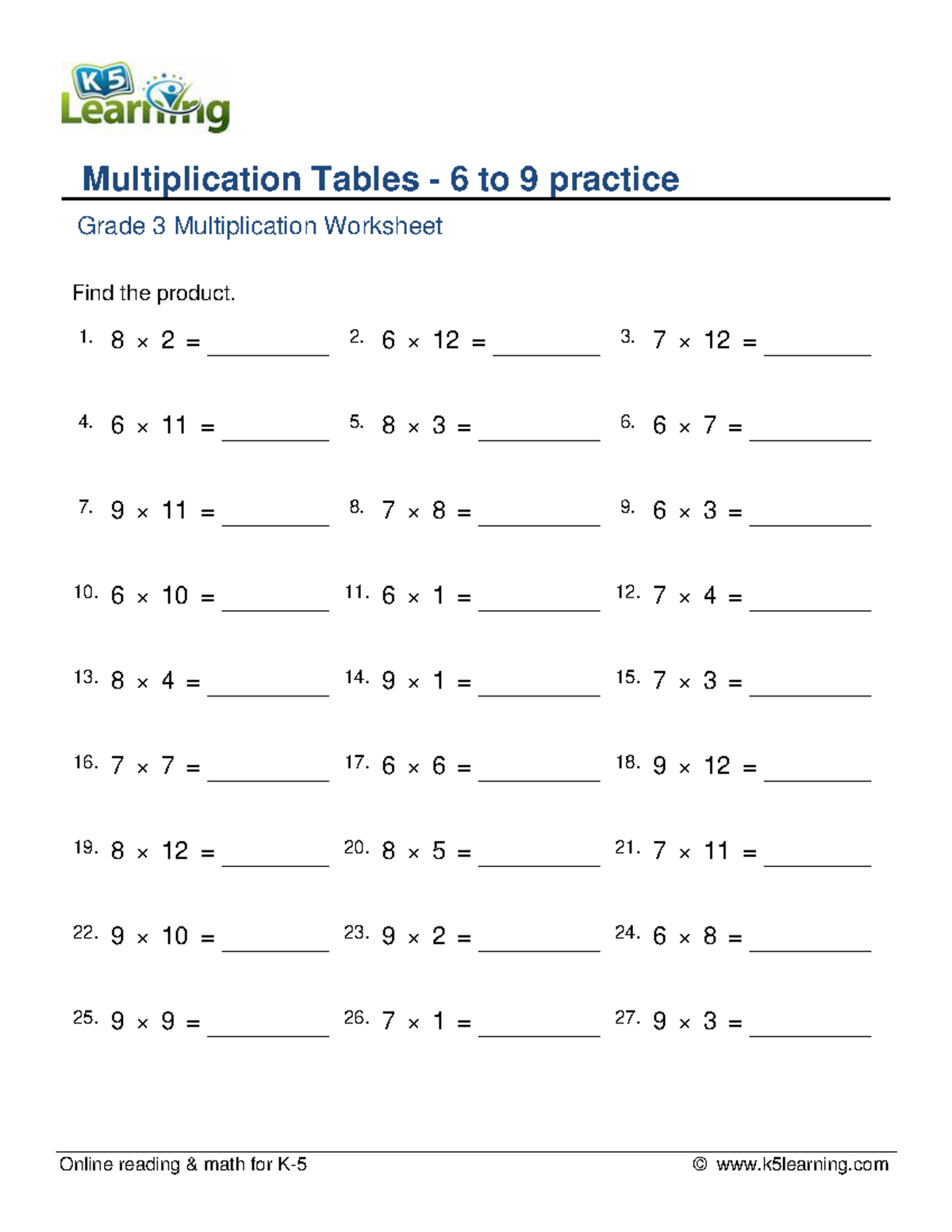 Grade 3 Multiplication Worksheet: Tables 6 to 9 Practice - Studocu