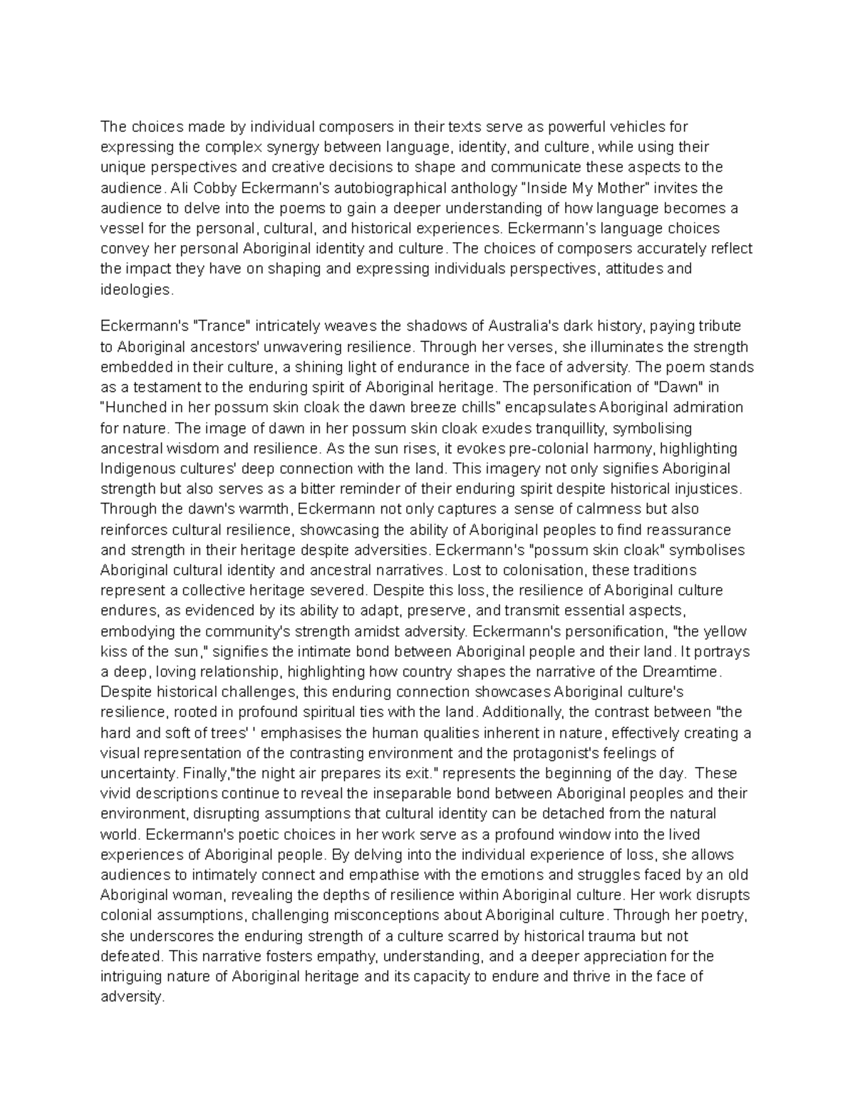 Sample Essay on Ali Cobby Eckermann's Poetic Exploration of Aboriginal ...