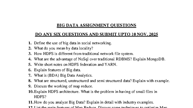 Big Data Assignment Questions - MCA-315: Answer Any Six - Studocu