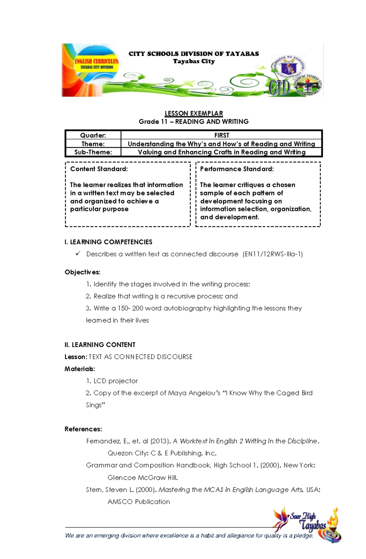 Grade 11 Lesson Exemplar: Reading & Writing, Patterns of Development ...