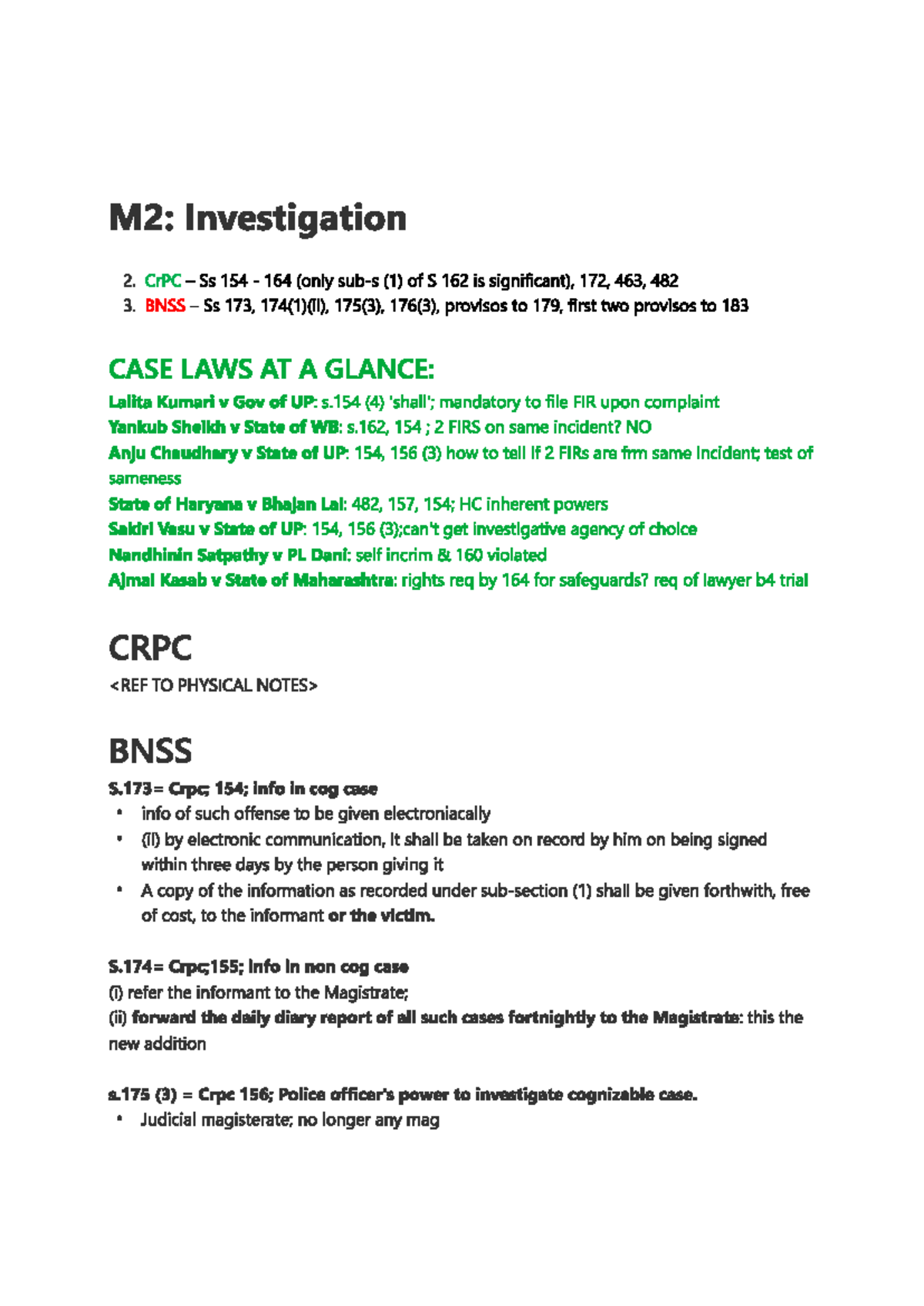 Crpc notes - M2: Investigation 2. CrPC Ss 154 164 (only (1) of S 162 is ...