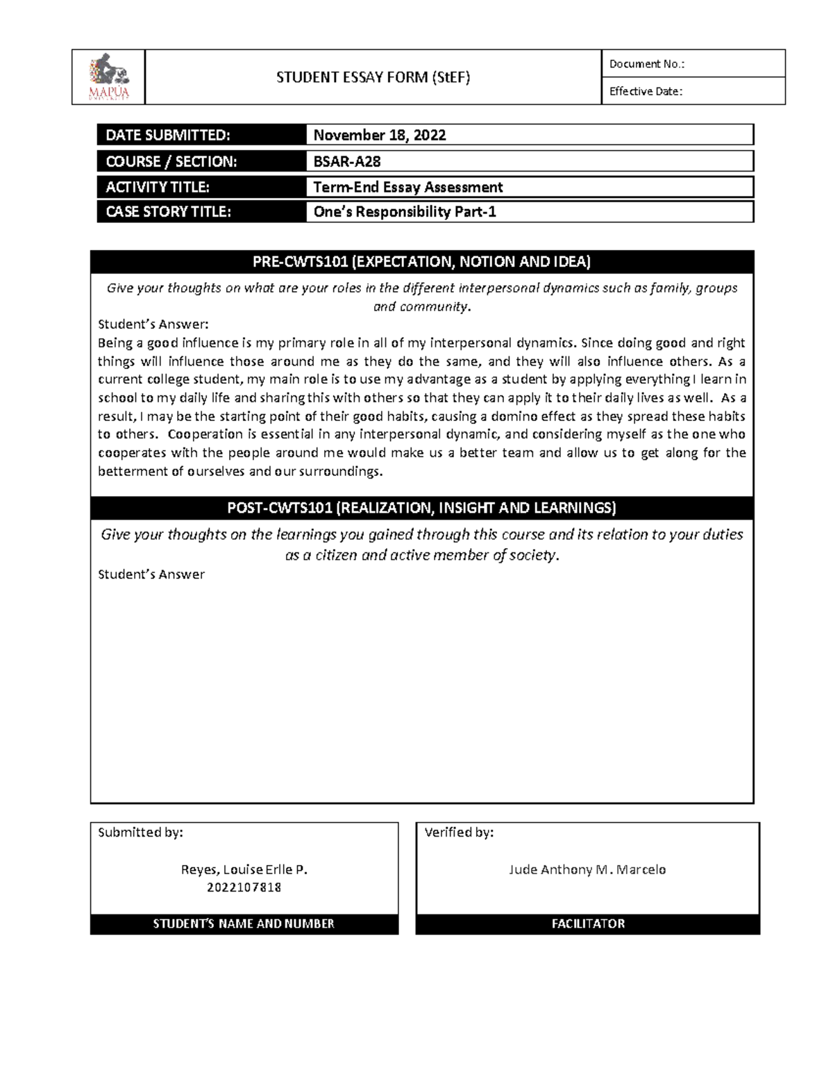 CWTS101 Term End Essay: Exploring Personal Responsibility in Society ...
