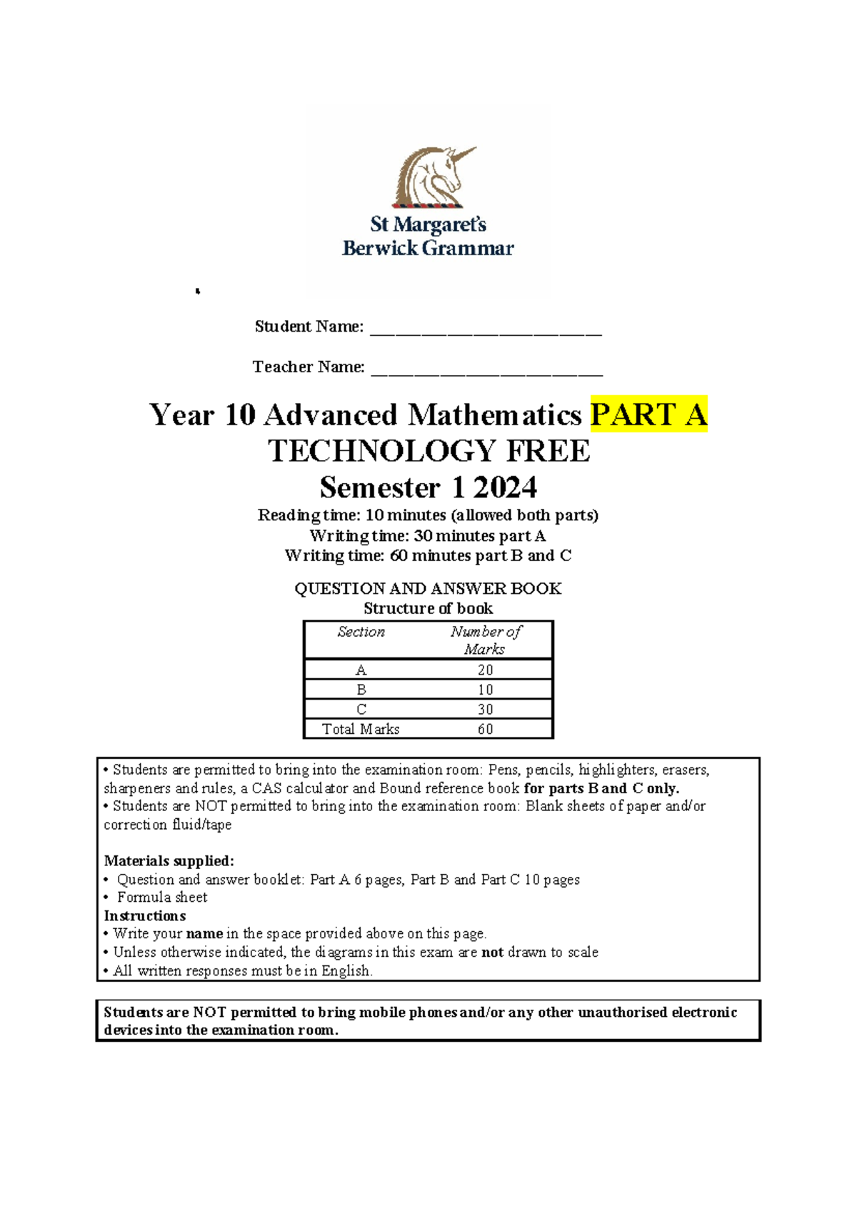 Semester 1 Year 10 Advanced Mathematics Exam - Part A - Studocu