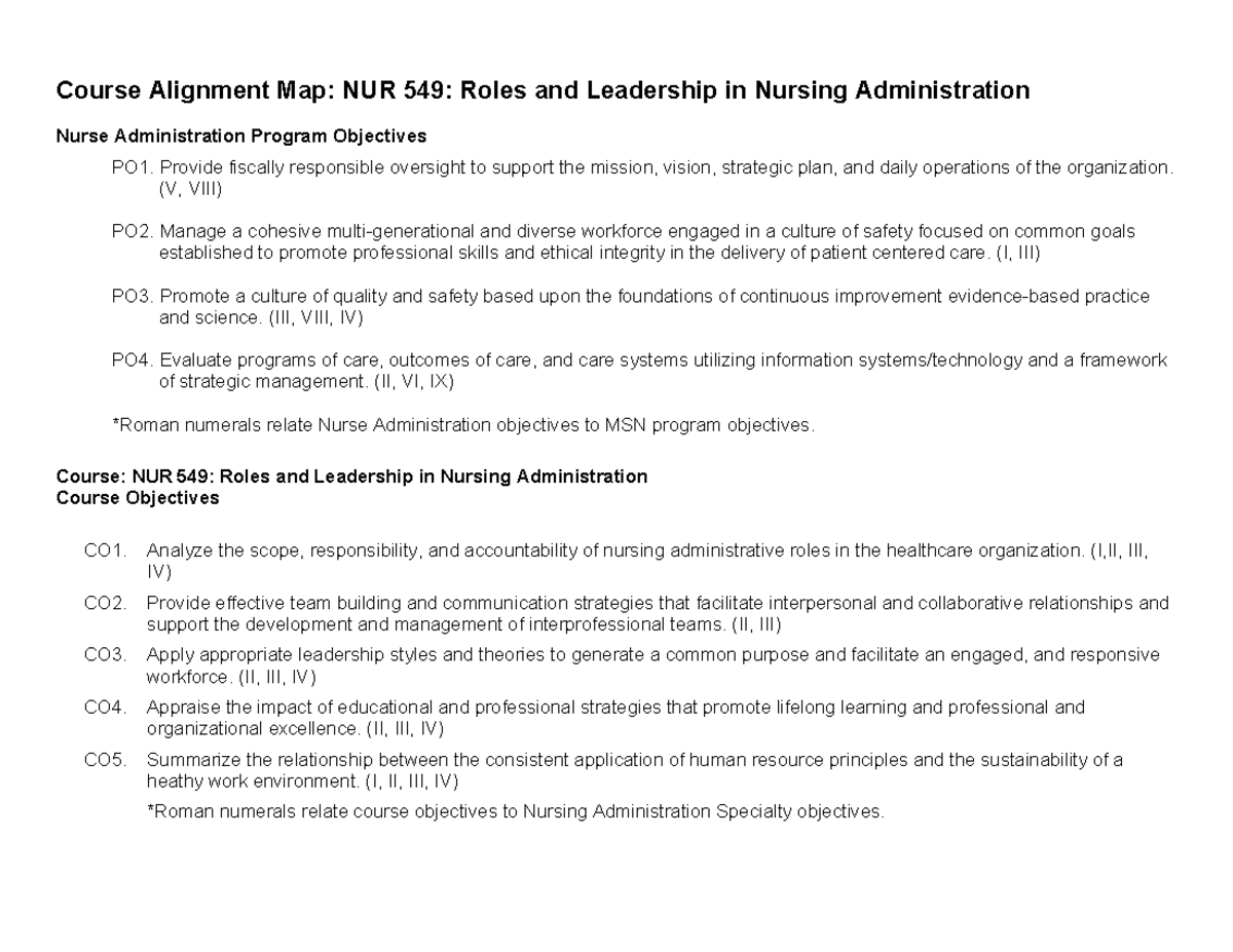 NUR 549 Course Alignment Map: Roles & Leadership in Nursing Admin - Studocu