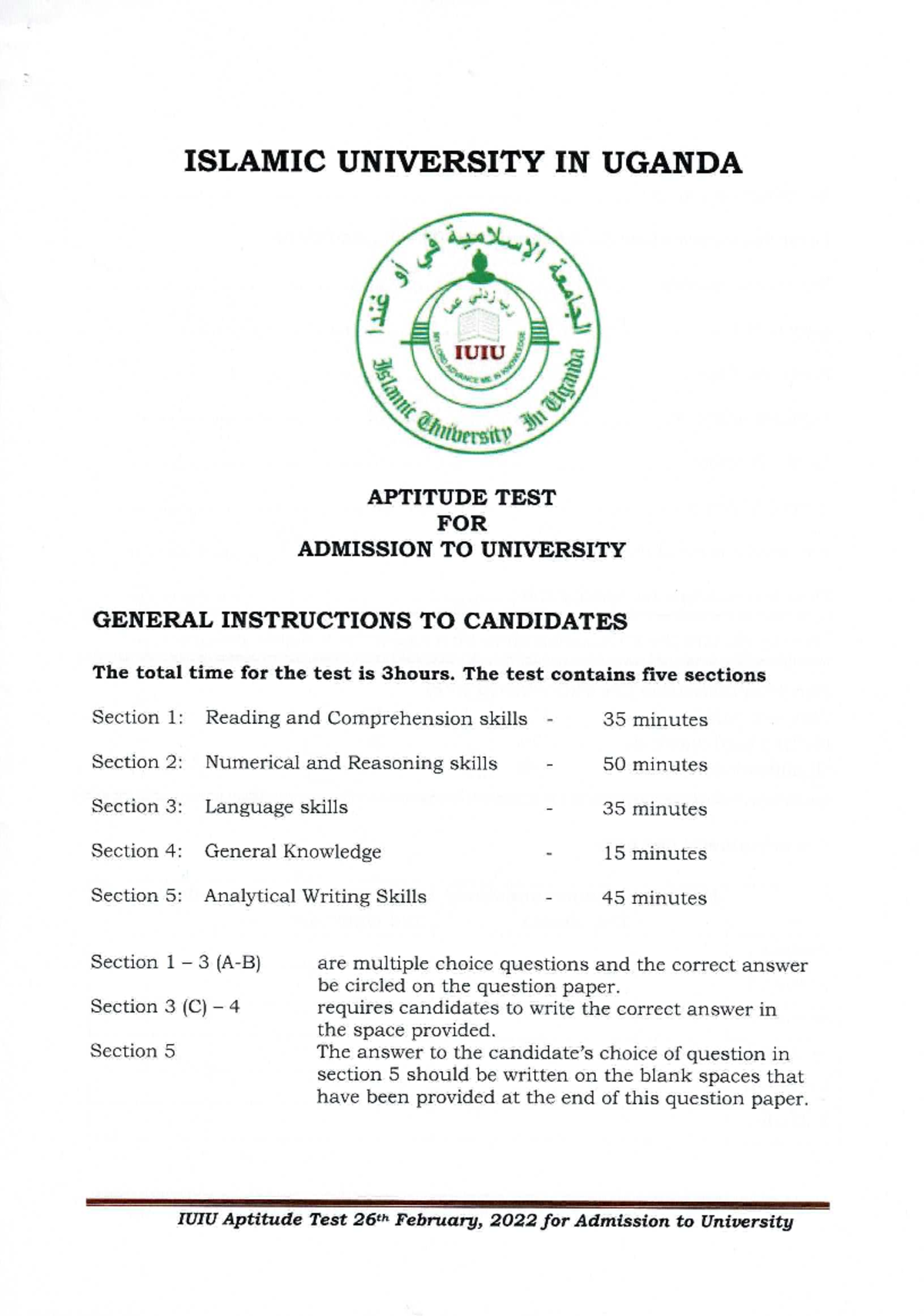 IUIU Aptitude Test for Admission to University - February 2022 - Studocu