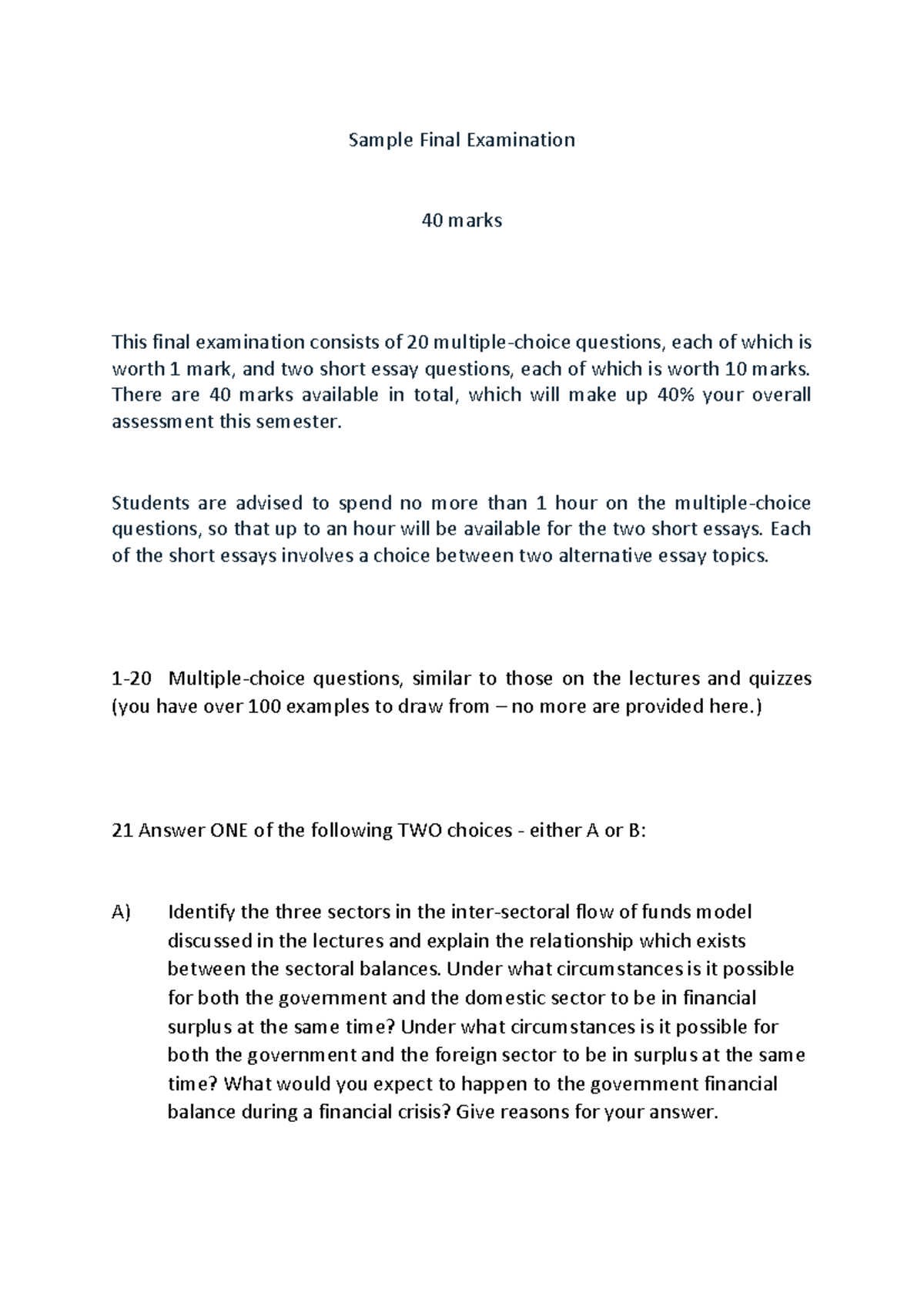 Final Exam - Sample Extended Response Qs for Economics 101 - Studocu