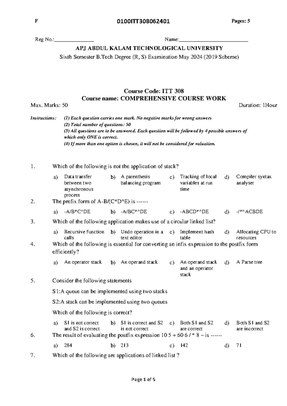 Previous Year Question Papers for ITT 308 Comprehensive Course Work ...