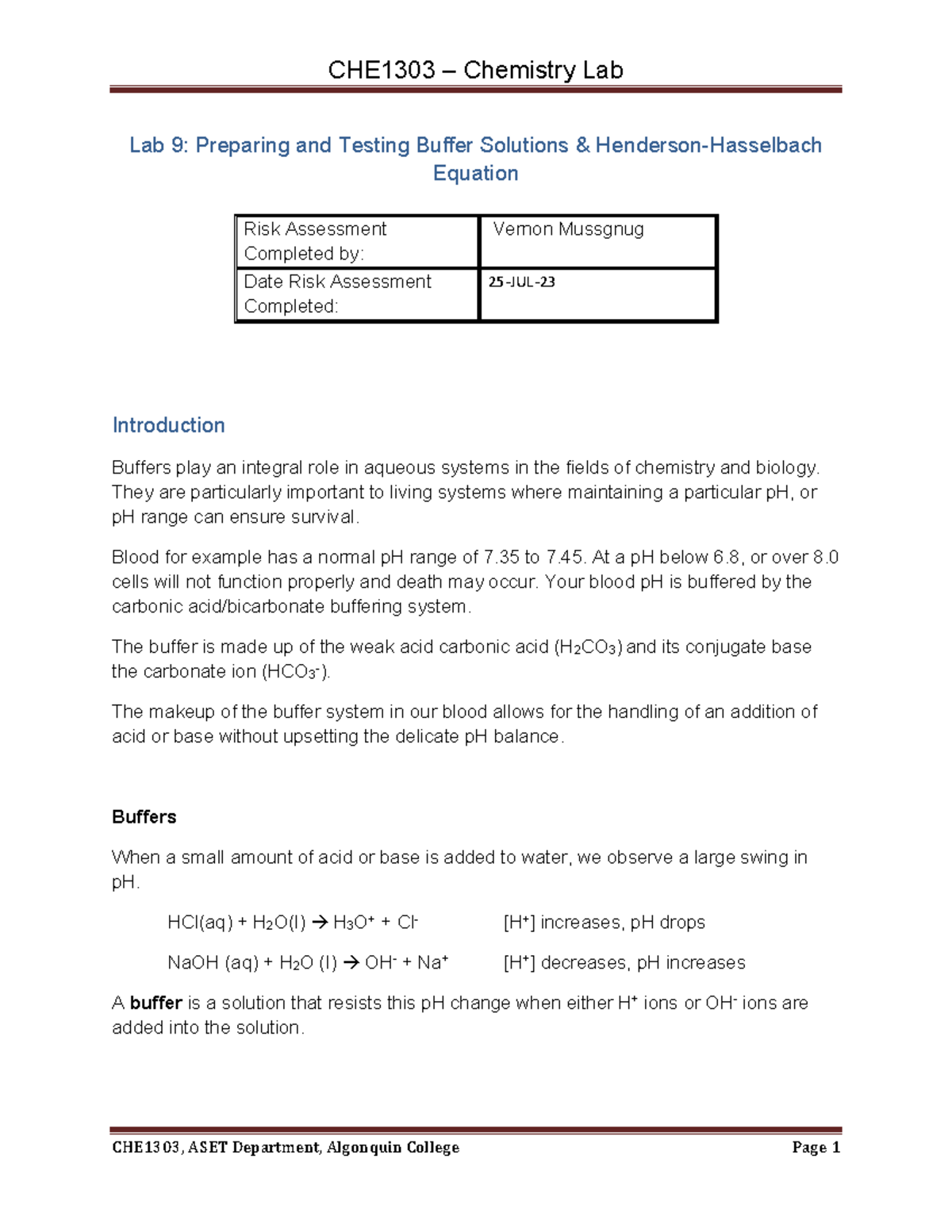 CHE1303 Chemistry Lab 9: Buffer Solutions Preparation & Testing Guide ...