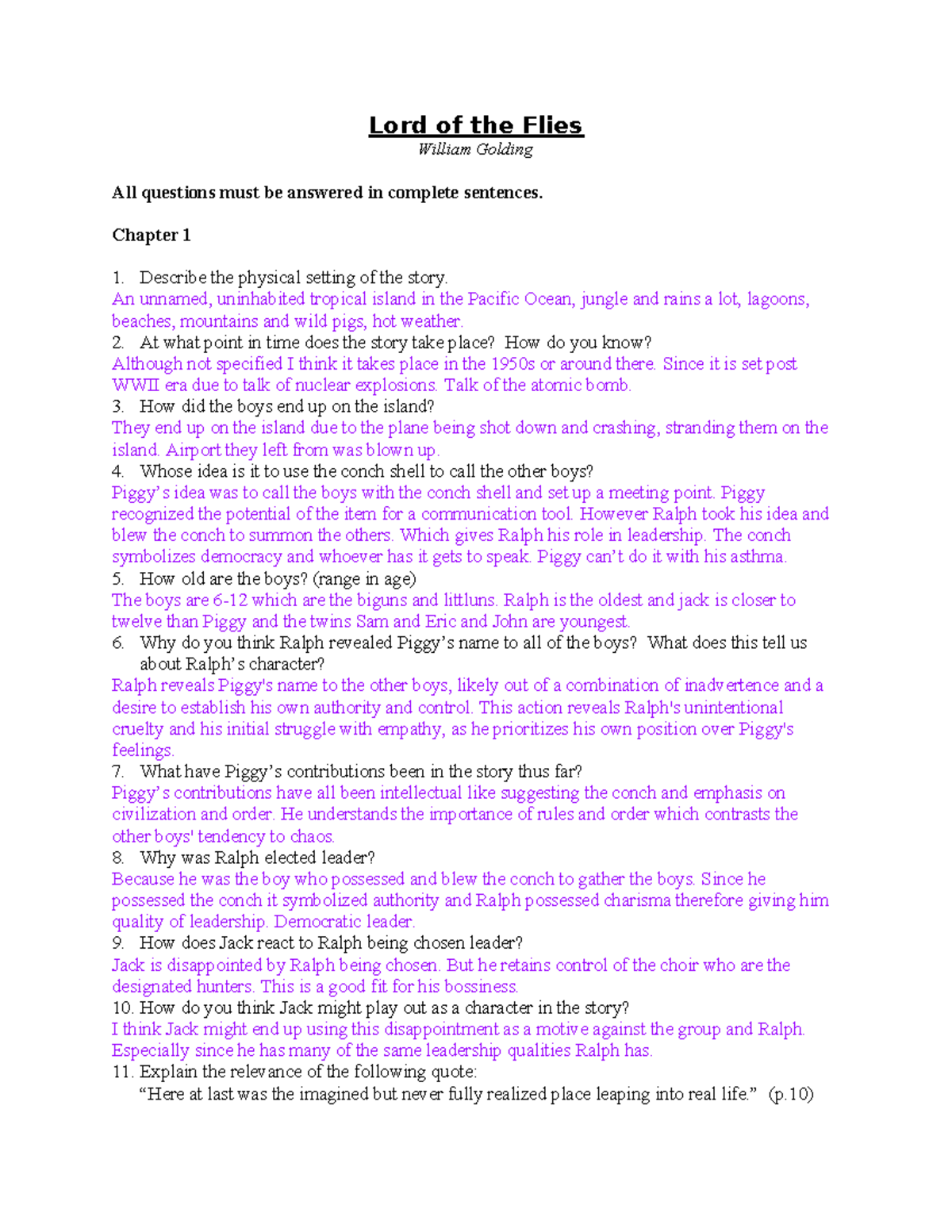 Lord of the Flies (ENG 101) Chapter Summaries and Analysis - Studocu