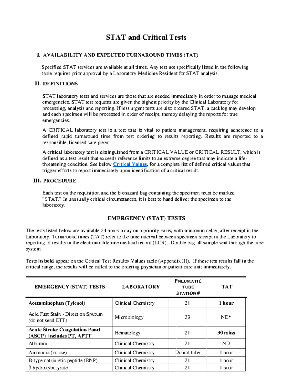 STAT Services and Critical Tests: Availability and TAT Overview - Studocu