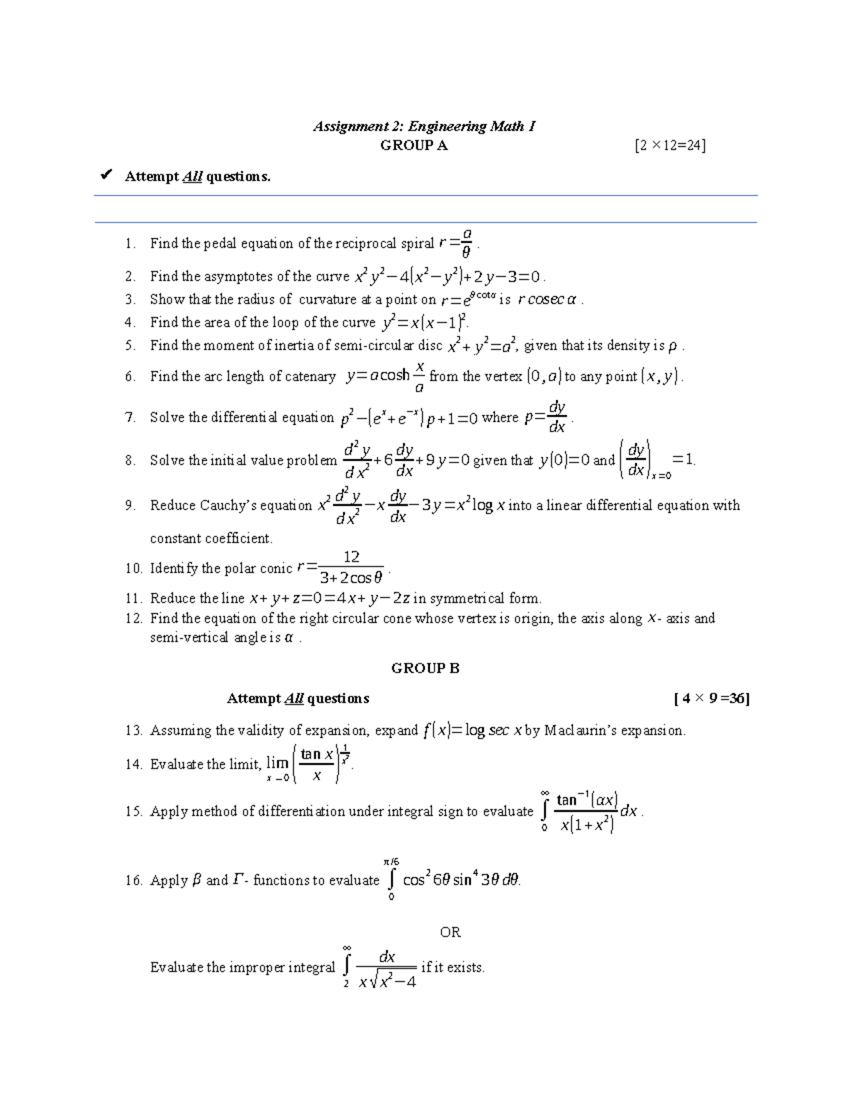Assignment 2: Engineering Math I - Group A & B Questions - Studocu