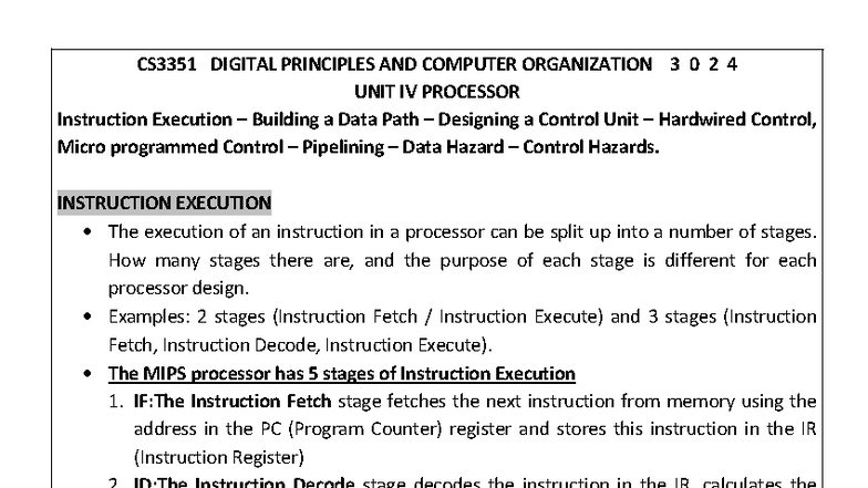 CS3351 DPCO UNIT IV: Processor Instruction Execution & Control Design ...