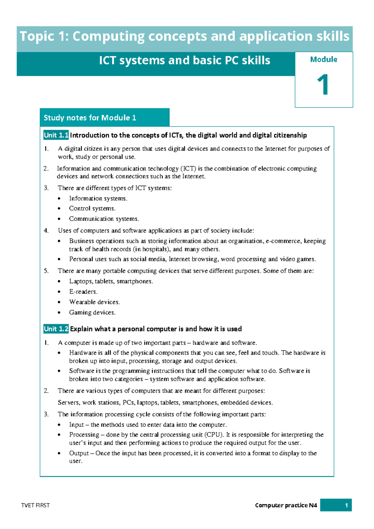 TVET First CP N4 - Module 1 Study Notes on ICT Concepts and Skills ...