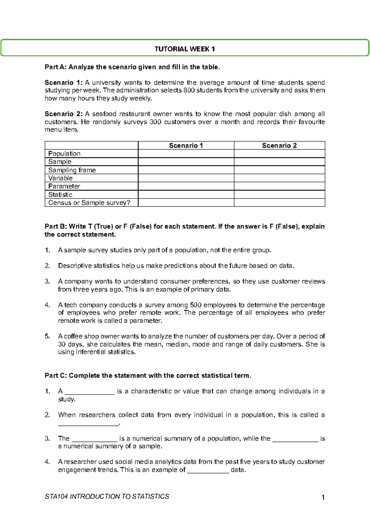 STA104 Tutorial Week 1: Analyzing Scenarios and Statistical Concepts ...
