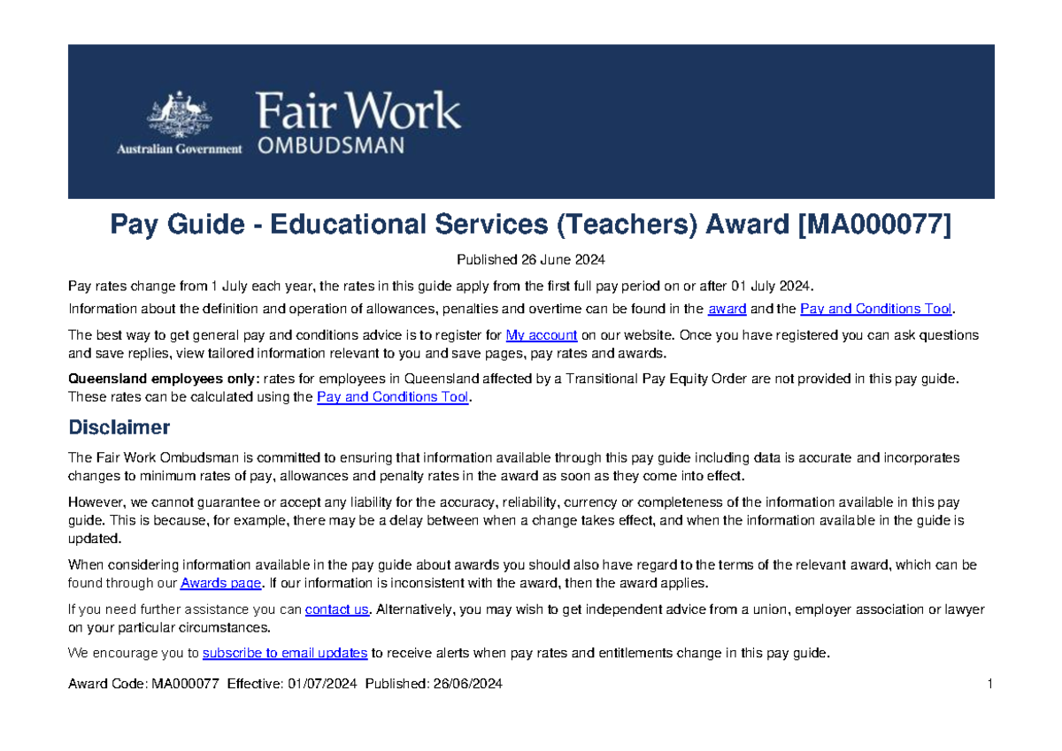Pay Guide for Educational Services (Teachers) Award 2024 - Studocu