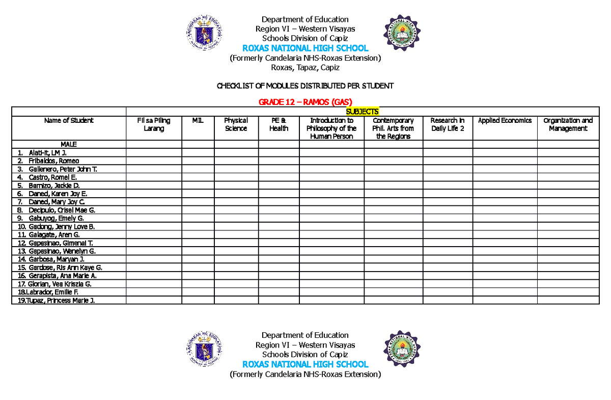 Checklist of modules distributed per student - Department of Education ...